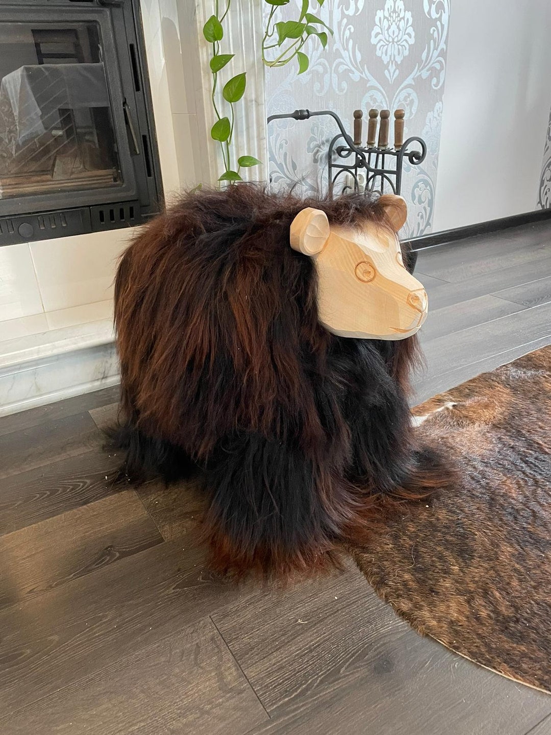 Bear Pouf Real Sheepskin, Ottomanwooden Bear With Natural Sheepskin ...