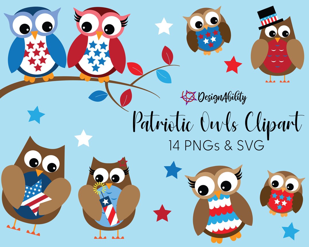 Patriotic Owls Clipart Set - SVG & 14 Pngs | Patriotic Vector Clip Art ...