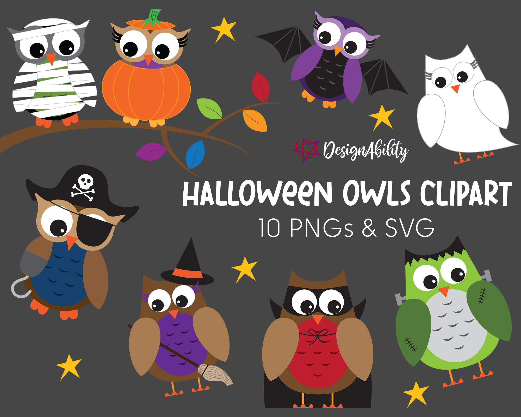 Halloween Owls Clipart Set - SVG & 10 Pngs | Digital Download - Etsy