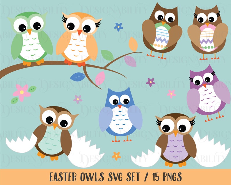Easter Owls Clipart Set - SVG & 15 Pngs | Digital Download - Etsy