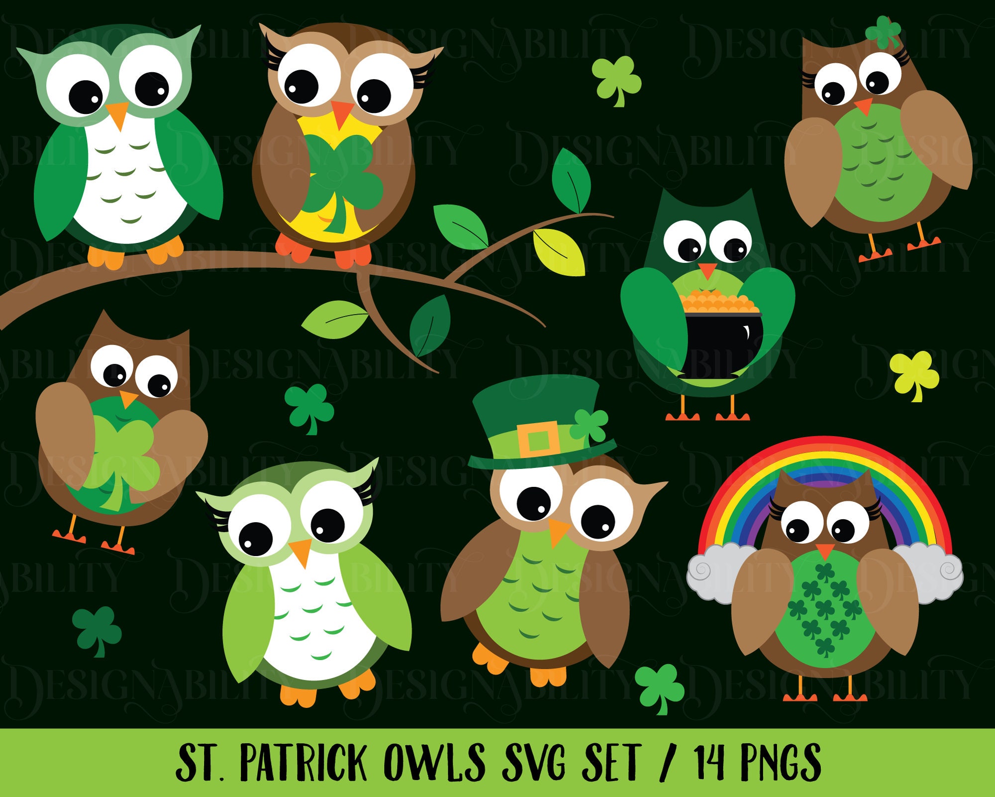 St Patrick Owls Clipart Set SVG & 14 Pngs Digital Download - Etsy