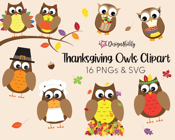 Thanksgiving Owls Clipart Set SVG & 16 Pngs Digital | Etsy