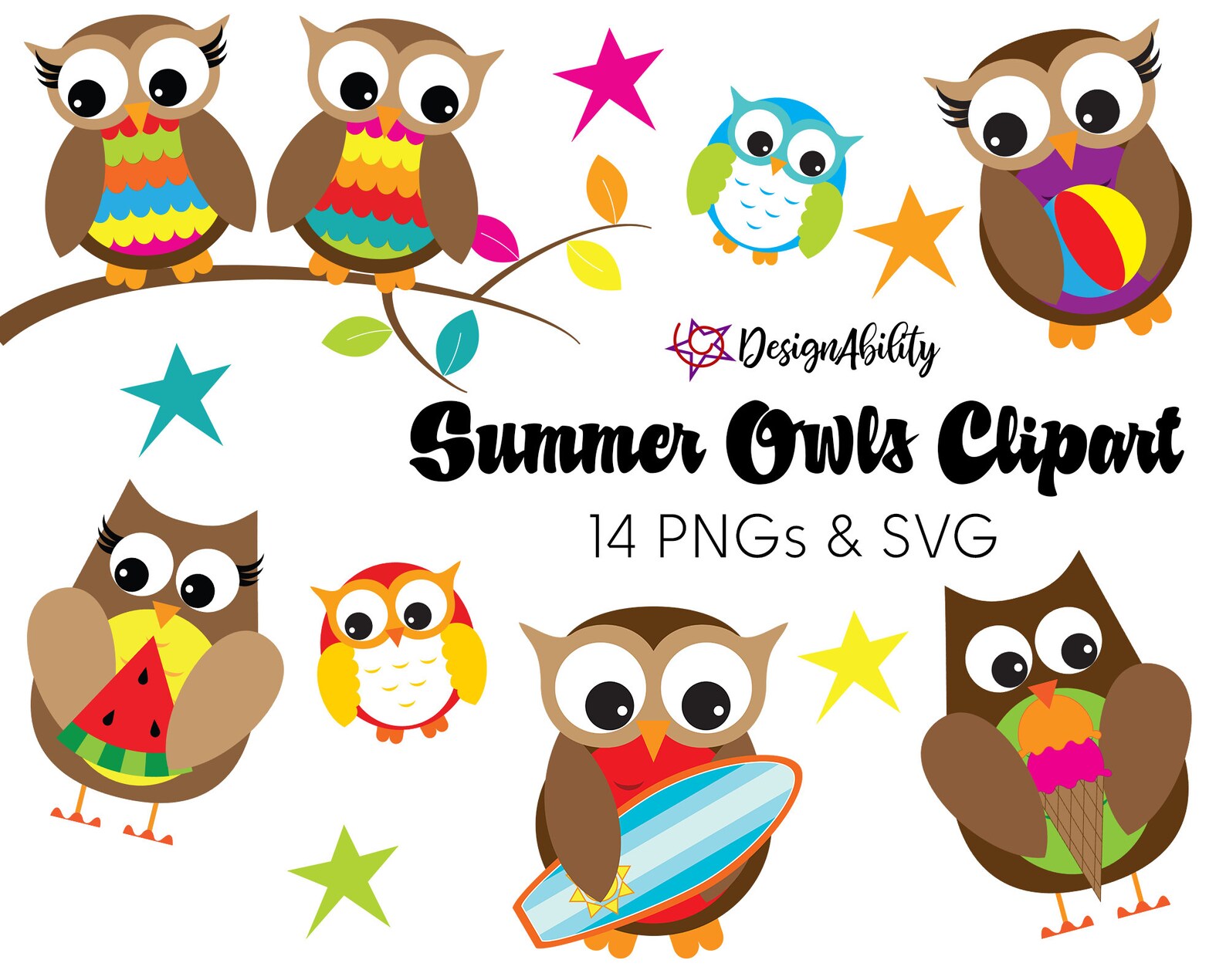 Summer Owls Clipart Set SVG & 14 Pngs Digital Download - Etsy Canada