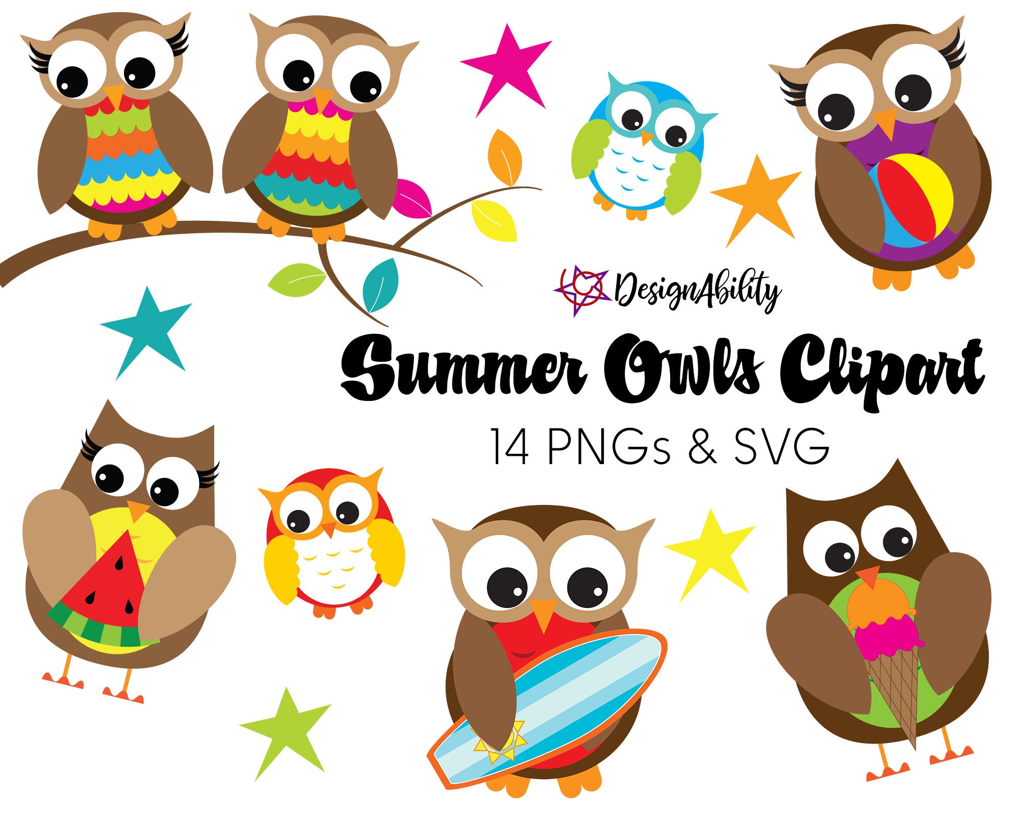 Summer Owls Clipart Set SVG & 14 Pngs Digital Download - Etsy Canada