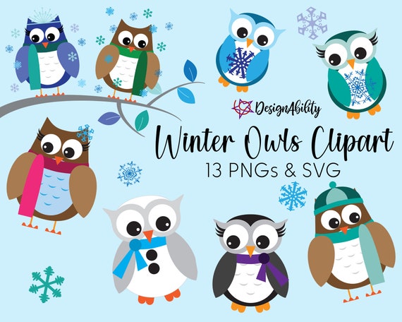 Winter Owls Clipart Set SVG & 13 Pngs Digital Download | Etsy