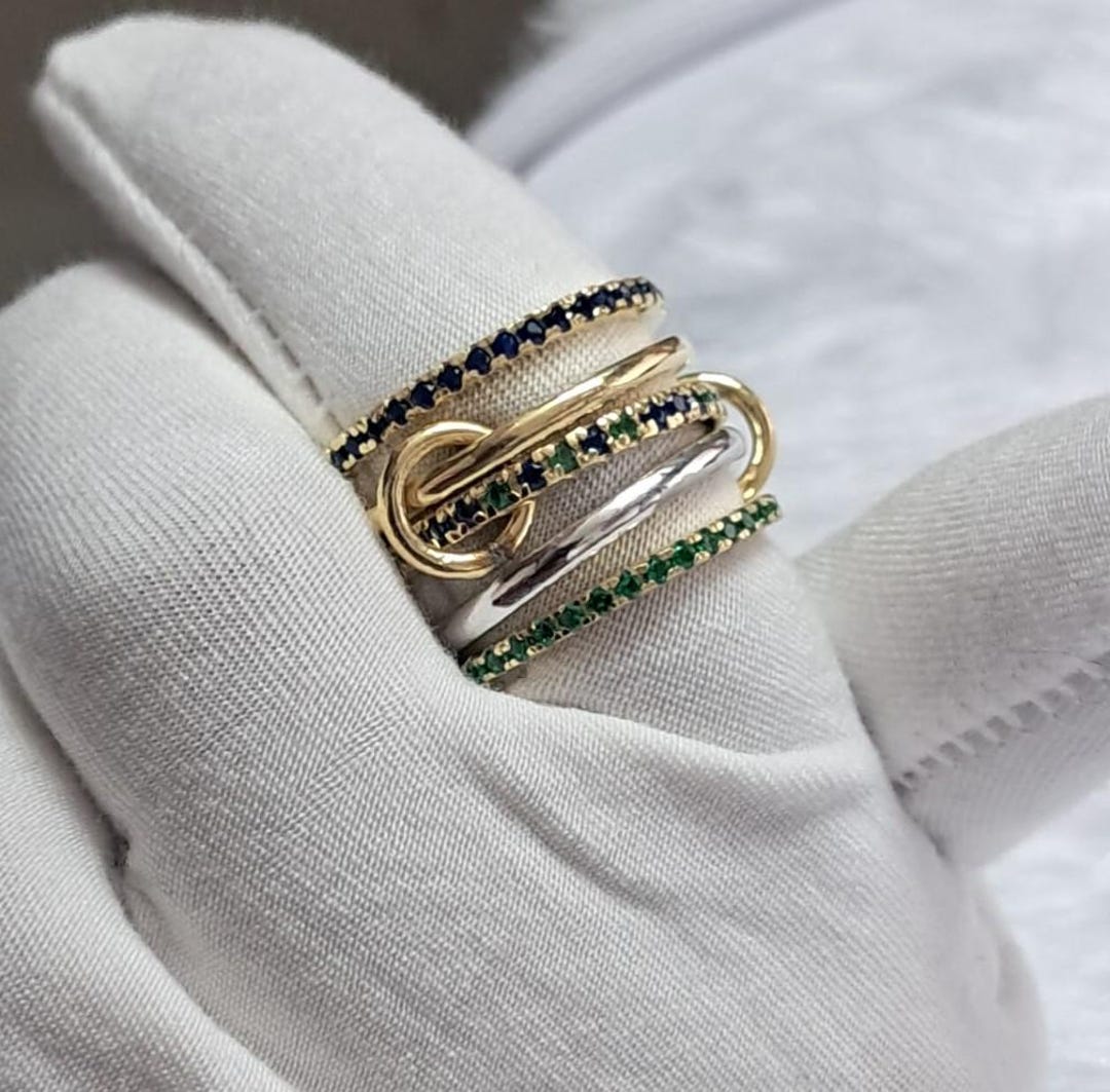 Sterling Silver Linked Spinner Ring • Emerald & Sapphire Stacker - Etsy