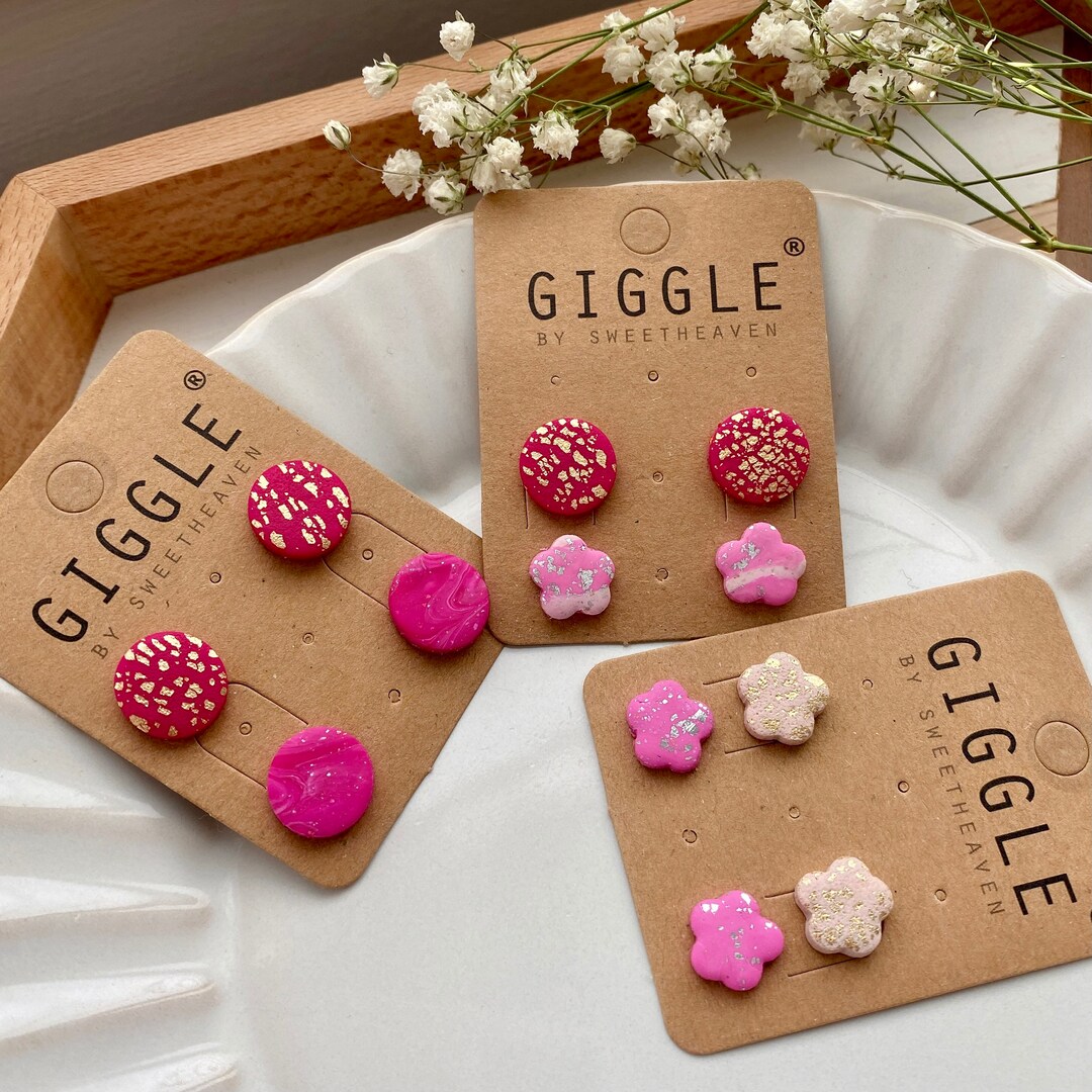 Handmade Polymer Clay Stud Packs|mini Flower Clay Earrings|pink Round ...