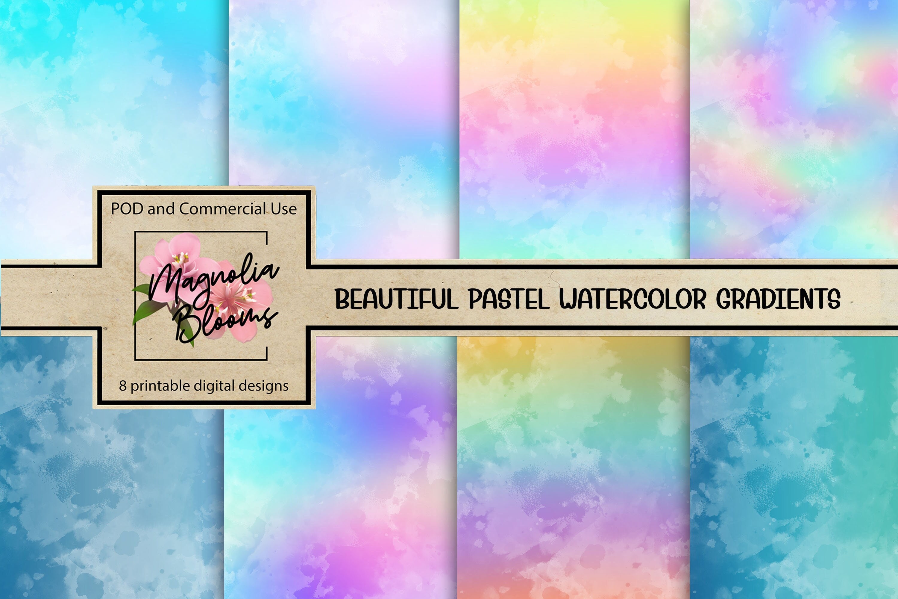 8 Beautiful Pastel Watercolor Gradients Digital Backgrounds Sublimation ...