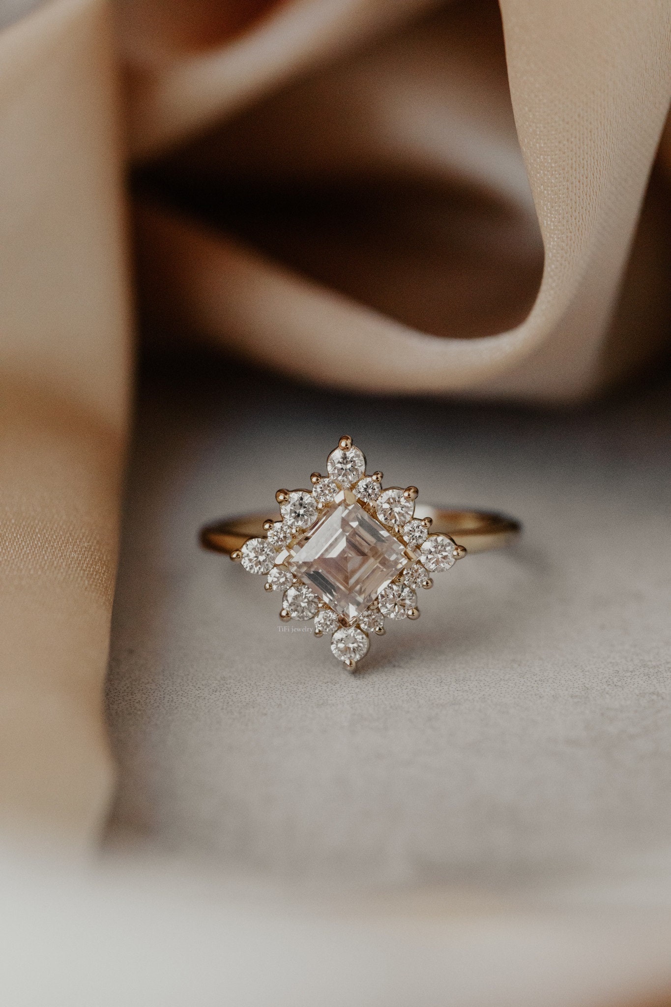 Asscher Cut Moissanite Engagement Ring, Starburst Ring Halo Ring, 14 Kt ...