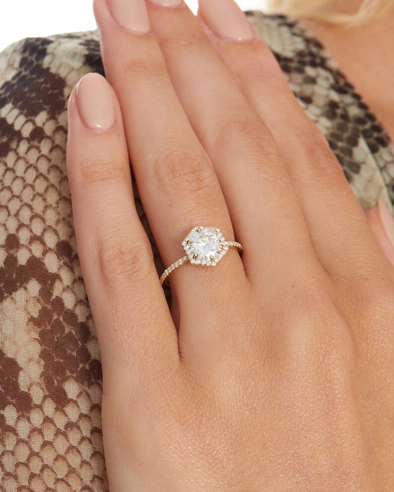 Round Diamond Halo Engagement Ring Hexagon Shape Ring - Etsy