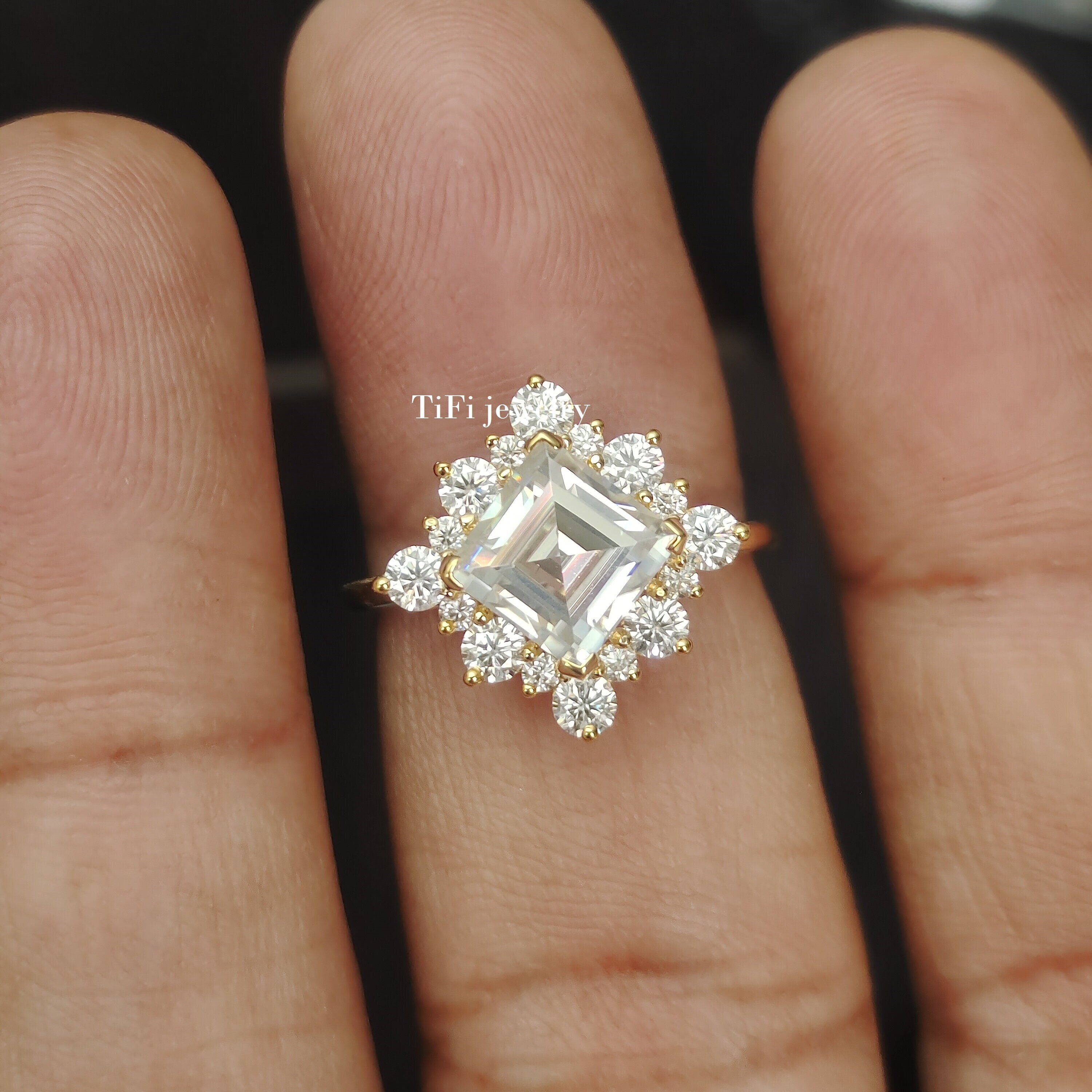 Asscher Cut Moissanite Engagement Ring, Starburst Ring Halo Ring, 14 Kt ...