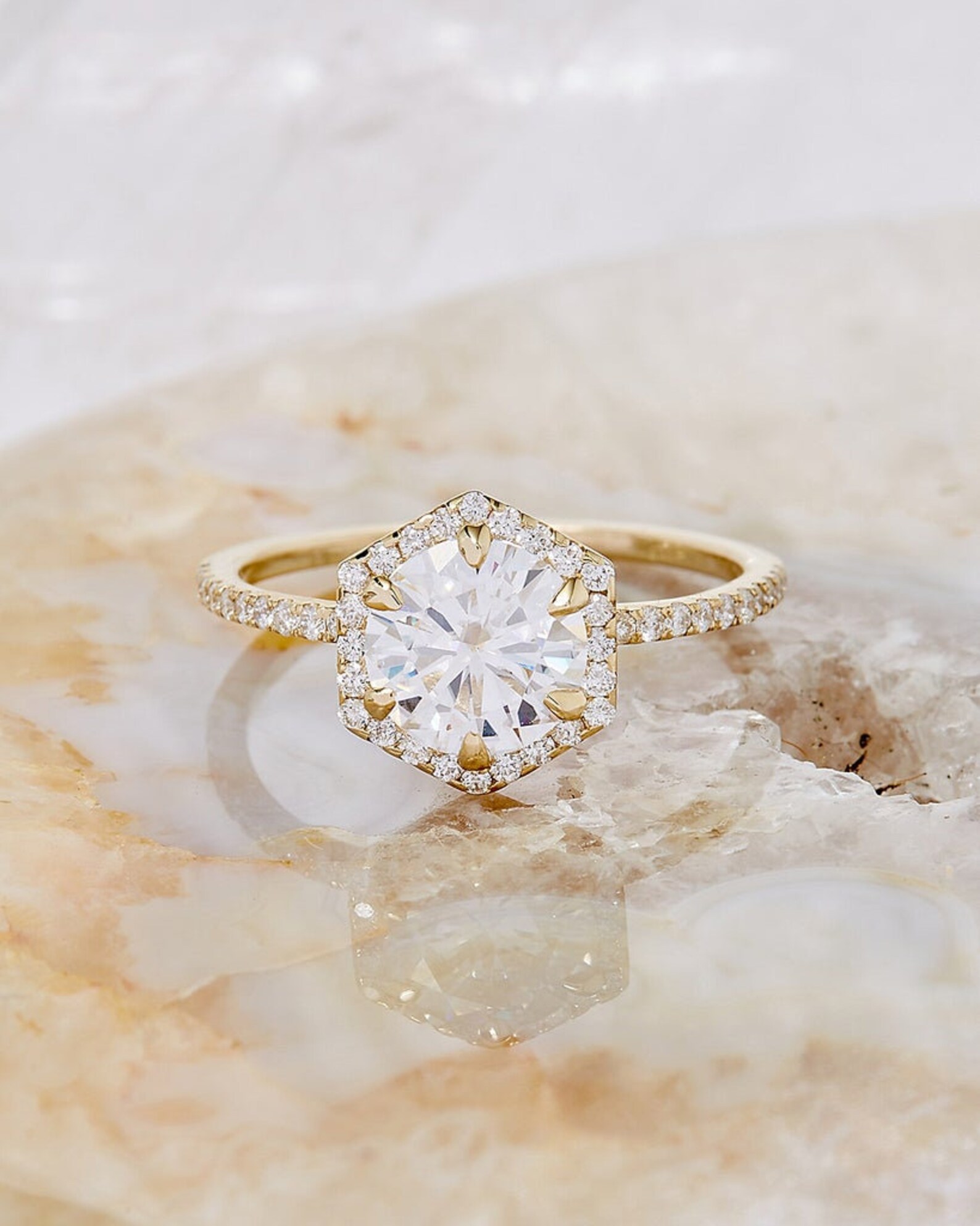 Round Diamond Halo Engagement Ring Hexagon Shape Ring - Etsy