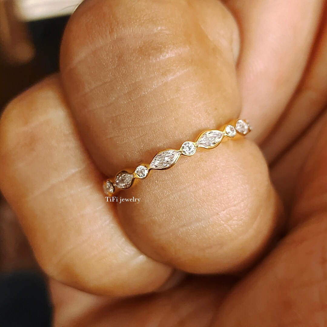 Moissanite Bezel Wedding Band, Vintage Marquise Cut Round Alternative ...