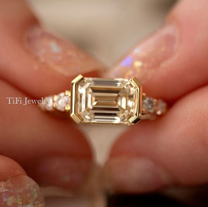 East to West Bezel Setting Emerald Cut Engagement Ring Ring - Etsy