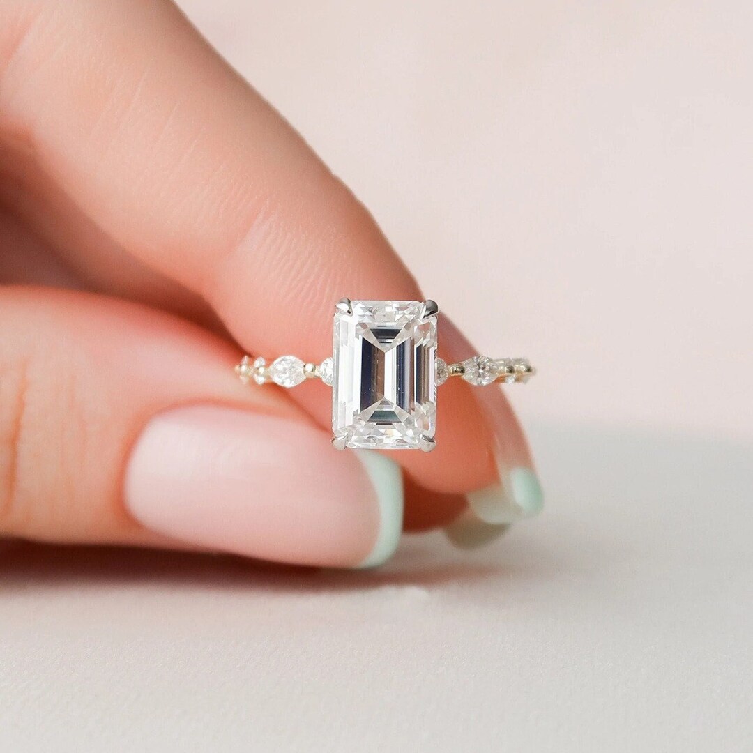3 Ct Emerald Cut Moissanite Engagement Ring 14k White Gold Etsy
