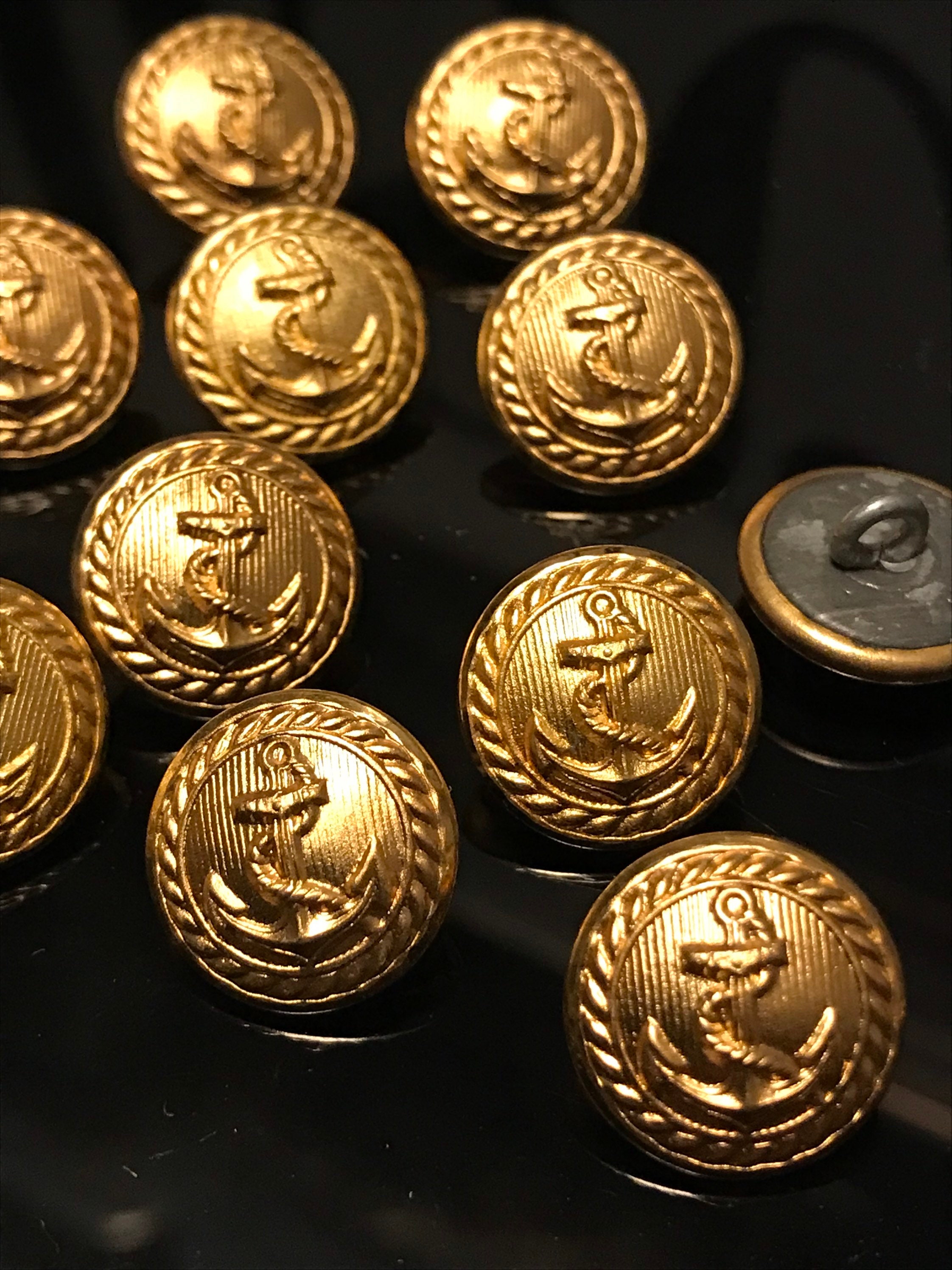 10 Gold Colored Metal Uniform Buttons - 14.6 Mm - Golden Anchor Design ...