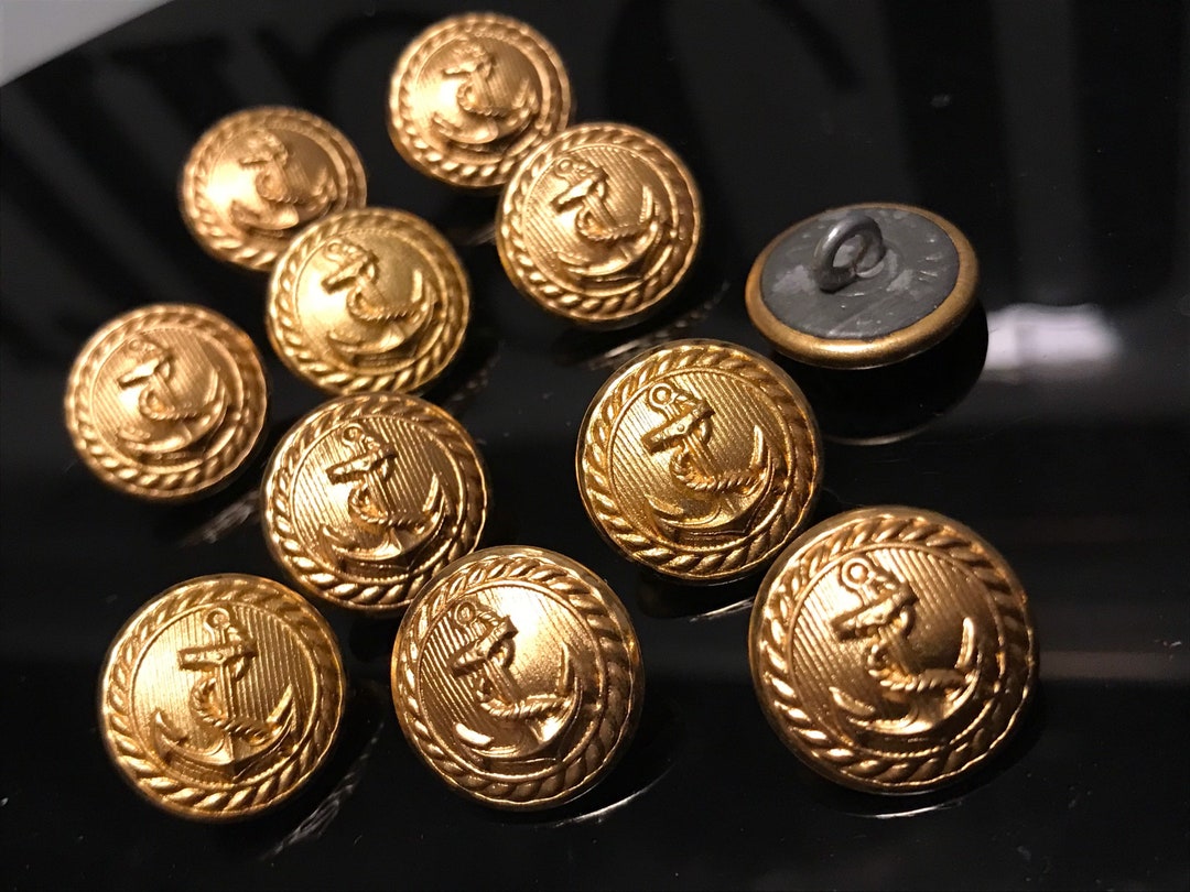 10 Gold Colored Metal Uniform Buttons - 14.6 Mm - Golden Anchor Design ...