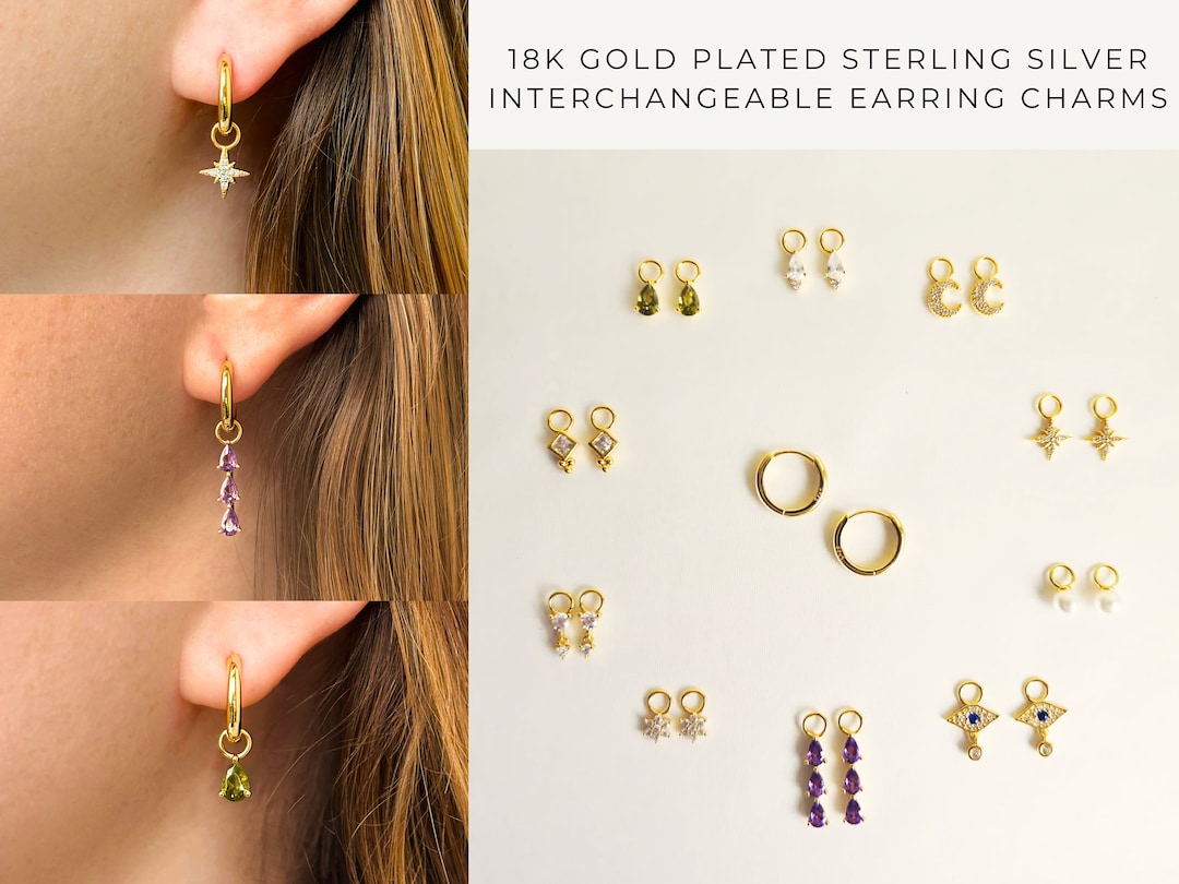 Elegant Gold Huggie Earring Charms, 18k Gold Plated .925 Sterling Silver Changeable Earring ...