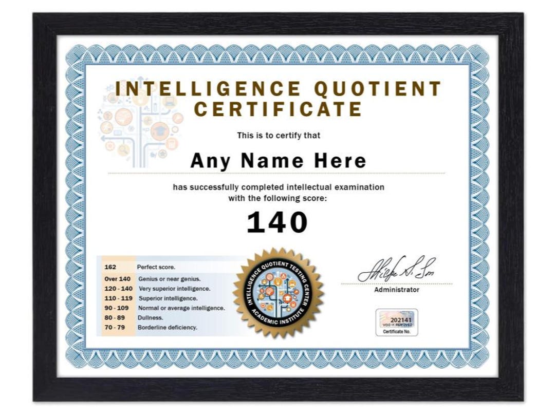 Personalized IQ Test Score Certificate Intelligence Quotient - Digital ...