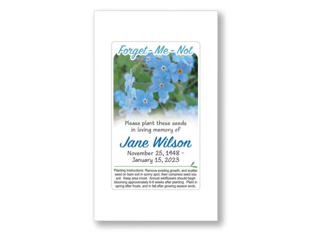 50 PERSONALIZED Forget Me Not MEMORIAL Seed Packets - Funeral Favors ...