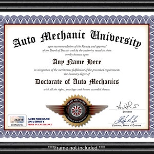 Personalized Auto Mechanic University Certificate Digital or Printed ...