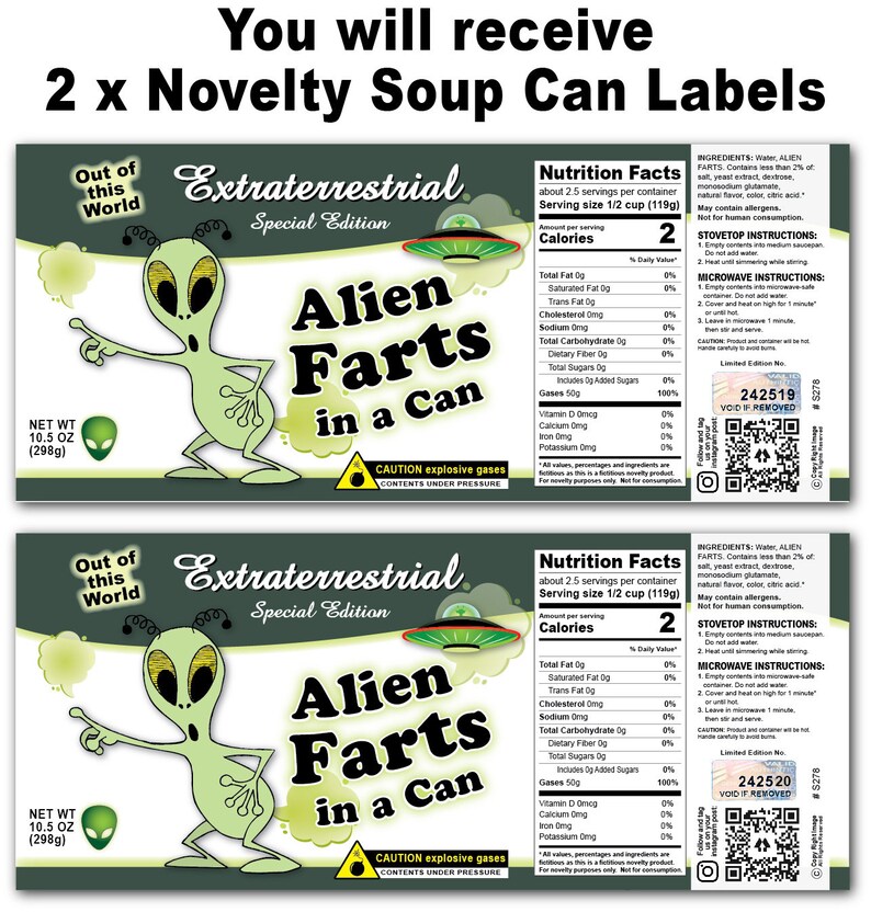 2X Funny Alien Farts Soup Can Labels GREAT GIFT Adorable - Etsy