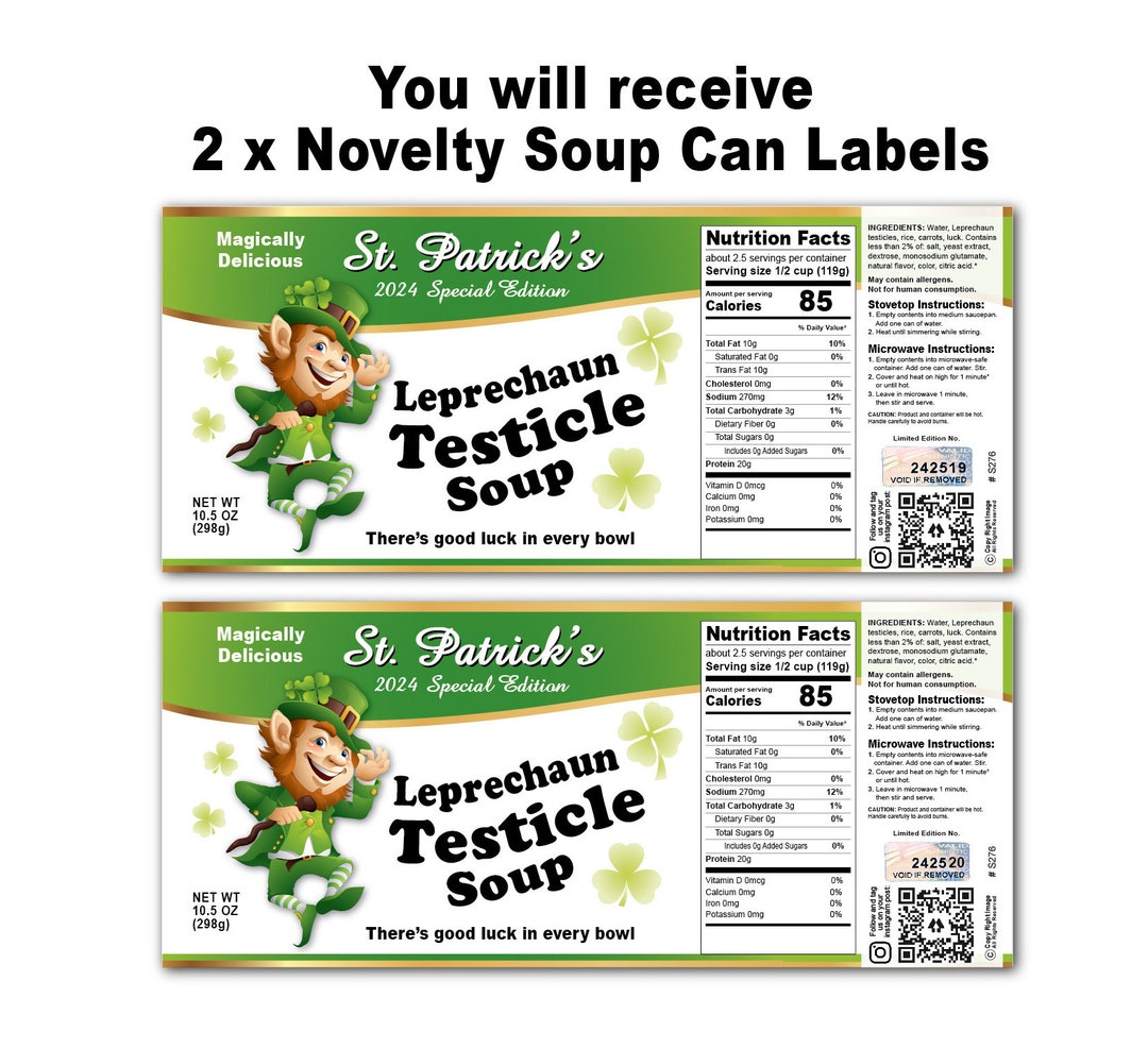 2 Funny Leprechaun Testicle Soup Can Labels GREAT Gag Gift Present ...