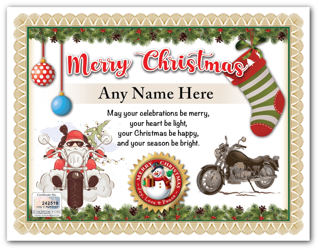 PERSONALIZED CHRISTMAS Motorcycle Certificate Digital OR Printed Bike ...