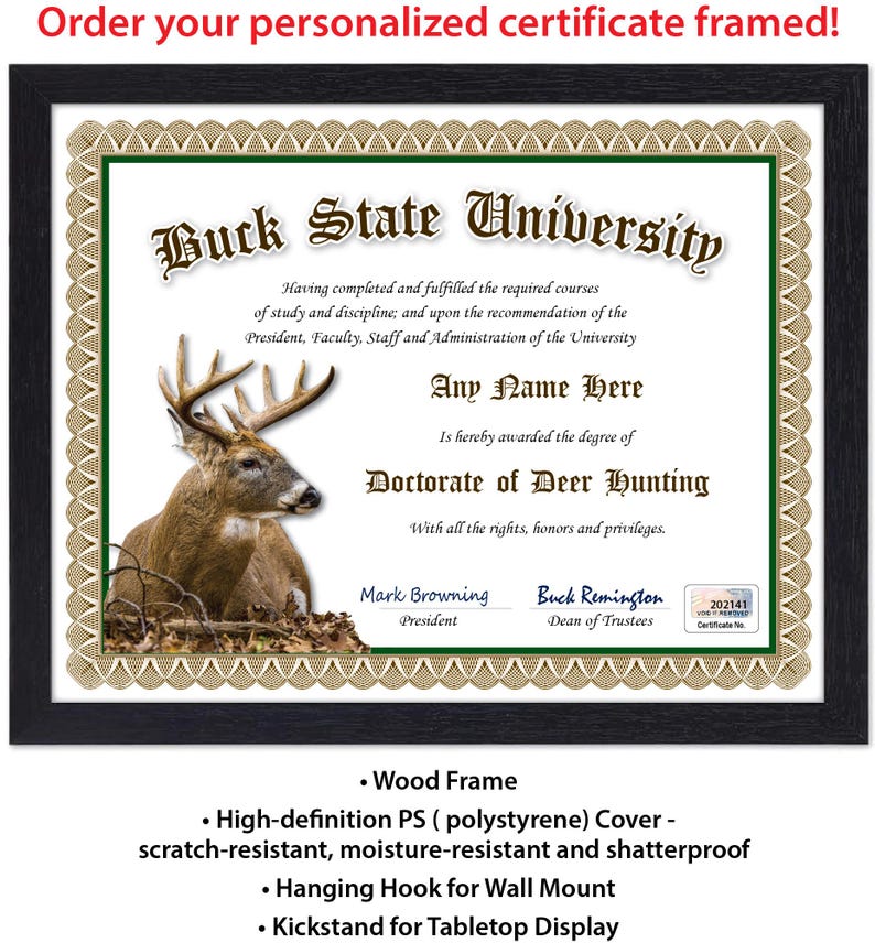Personalized DEER HUNTING Certificate: Digital, Printed, or Framed ...