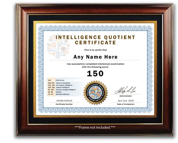 Personalized IQ Test Score Certificate Intelligence Quotient | Etsy