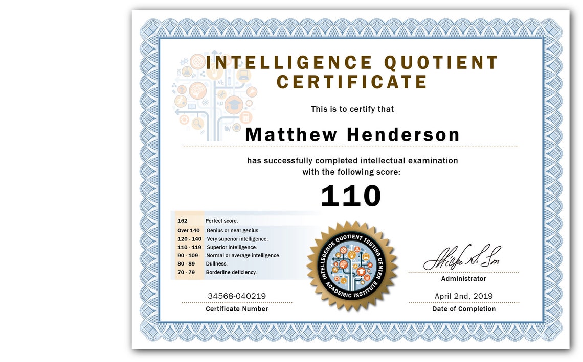 Personalized IQ Test Score Certificate Intelligence Quotient | Etsy