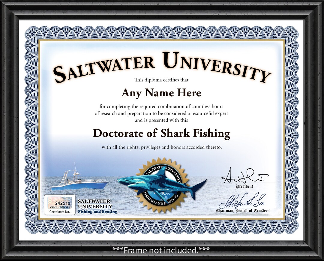 Personalized Shark Saltwater University Fishing Certificate- Digital or ...