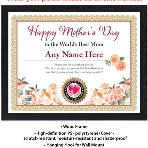 PERSONALIZED Mother's Day Certificate - Digital, Printed, or Framed ...