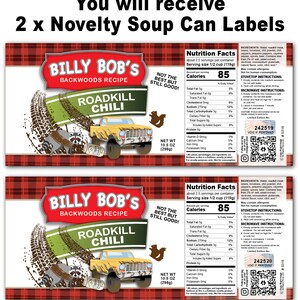 2 Funny ROADKILL Chili Soup Can Labels - GREAT Gag Gift or Present ...