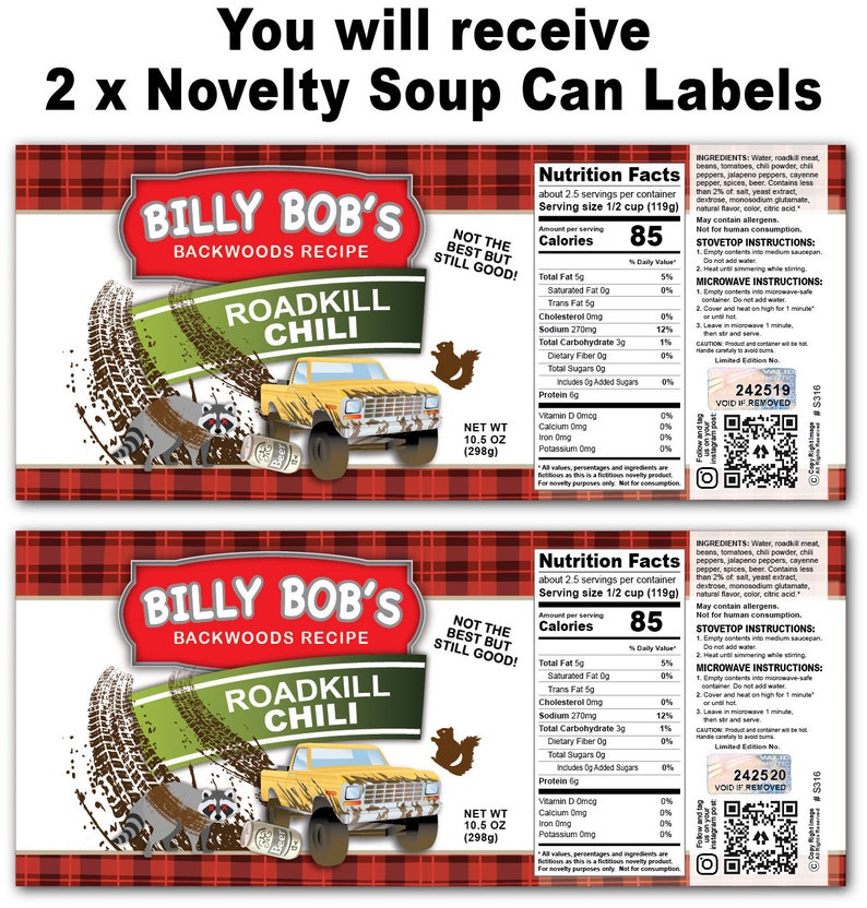 2 Funny ROADKILL Chili Soup Can Labels - GREAT Gag Gift or Present ...