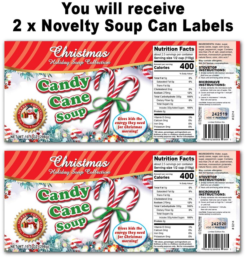 2 Funny Candy Cane Soup Can Labels Gag Gift GREAT Stocking - Etsy