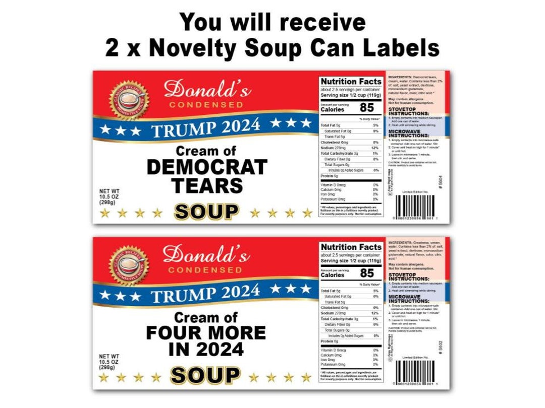 2 Funny DONALD TRUMP Soup Can Labels - Republican MAGA Election - Gag ...
