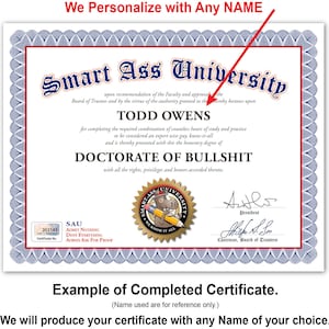 PERSONALIZED Smart Ass University BULLSHIT Certificate: Digital ...
