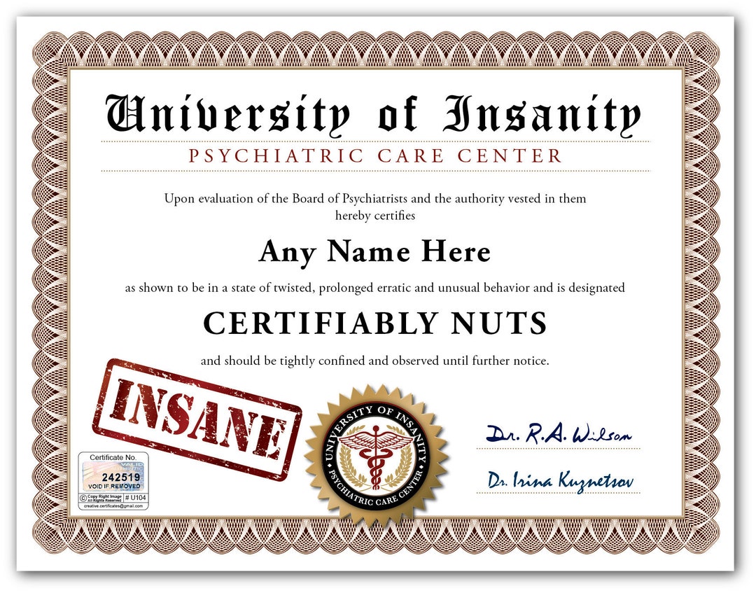 PERSONALIZED Insane University Certificate DIGITAL or PRINTED Funny Crazy Novelty Gag Joke ...