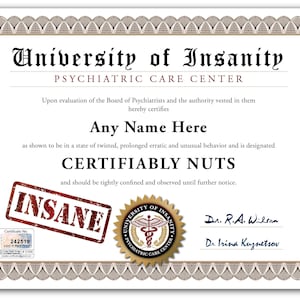 PERSONALIZED Insane University Certificate - Digital, Printed, or ...