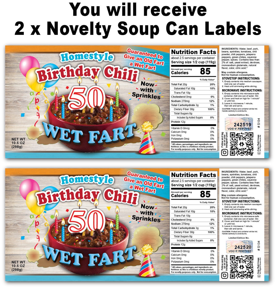 2 Funny Wet Fart Chili 50TH BIRTHDAY Soup Can Labels GAG | Etsy