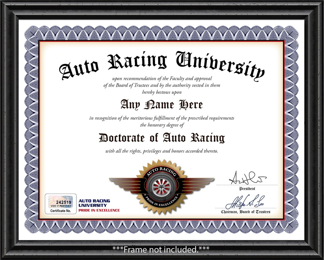 Personalized Auto Racing University Certificate Digital or Printed Race ...