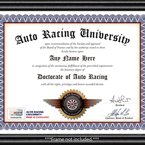 Personalized Auto Racing University Certificate Digital or - Etsy