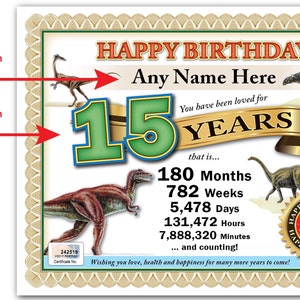 Personalized Dinosaur Birthday Certificate - ANY AGE - Digital or ...