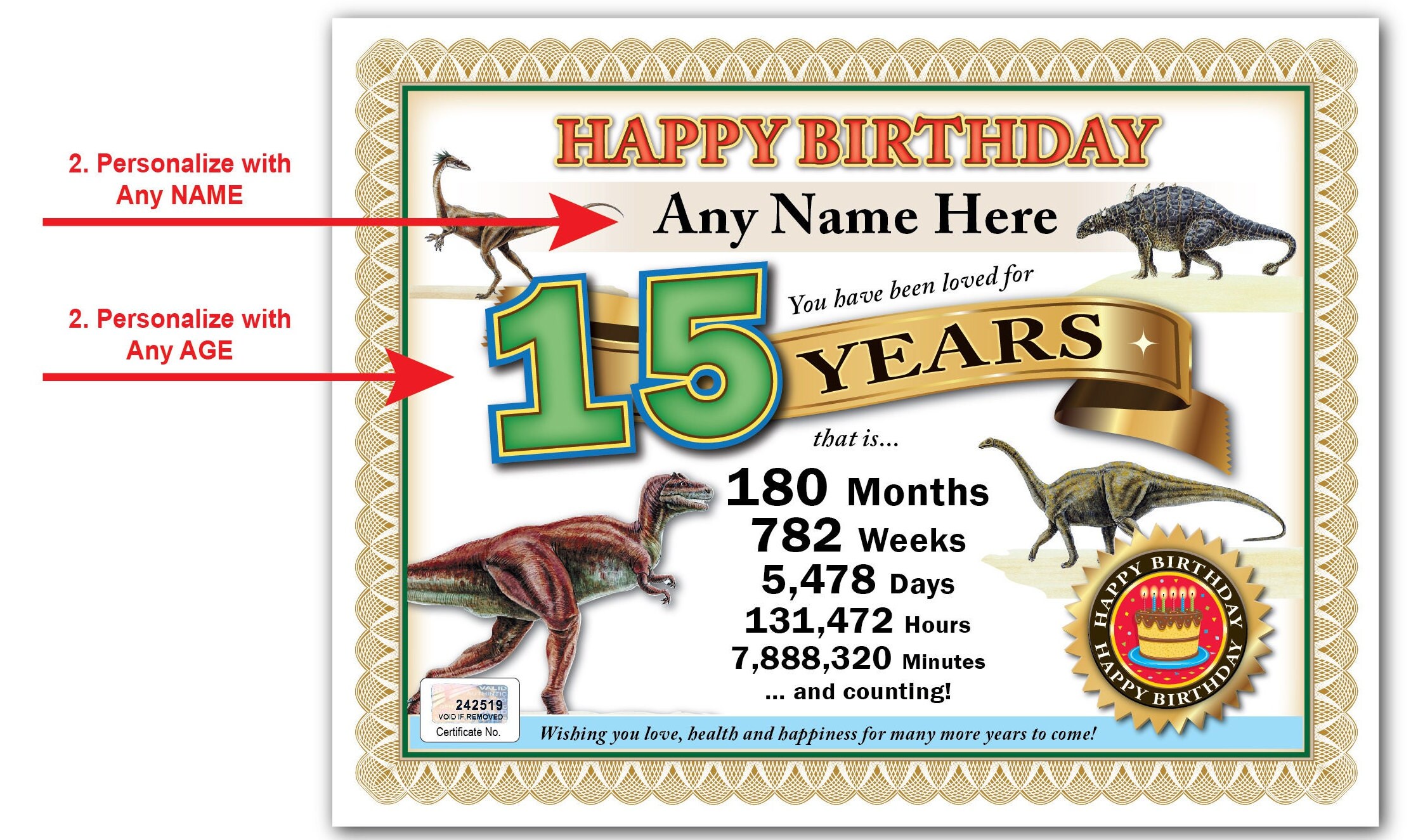 Personalized Dinosaur Birthday Certificate - ANY AGE - Digital or ...