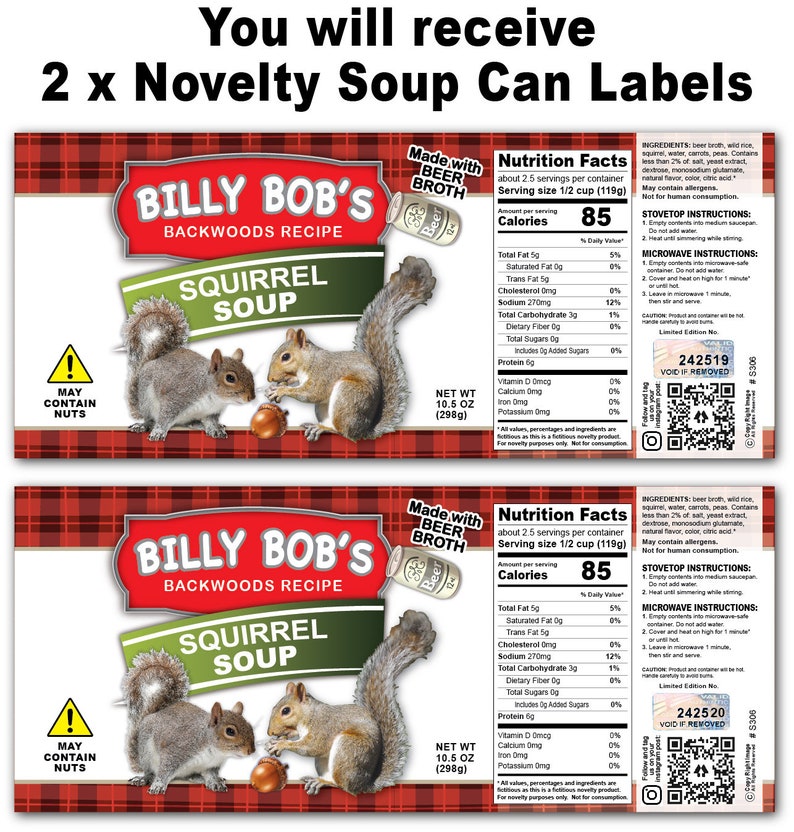 2 Funny Squirrel Soup Can Labels GREAT Gag Gift Present - Etsy
