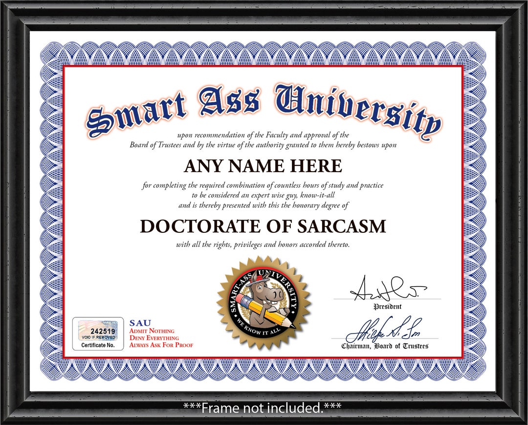 Smart Ass University Sarcasm Certificate Digital or Printed Funny Gag ...