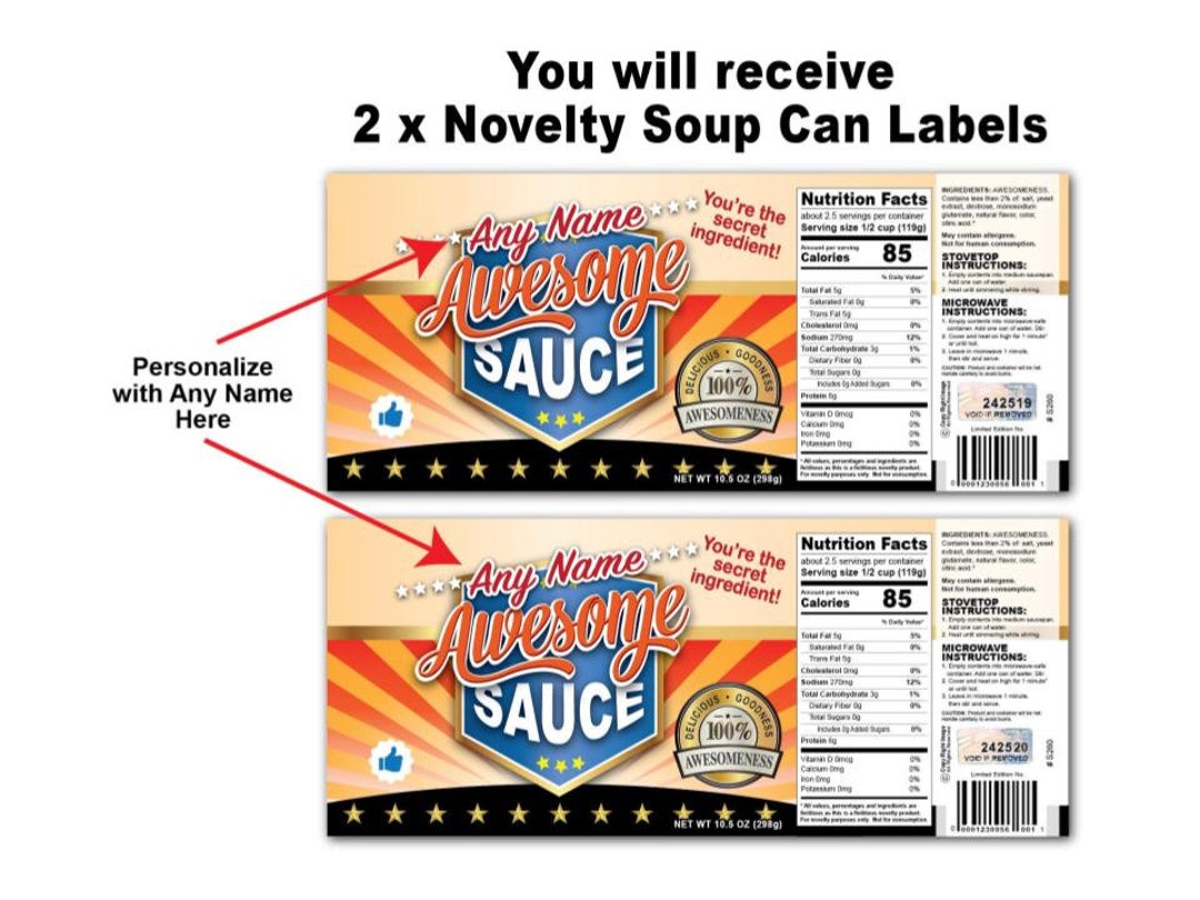 2 PERSONALIZED Funny Awesome Sauce Soup Can Labels - Gag Gift GREAT ...