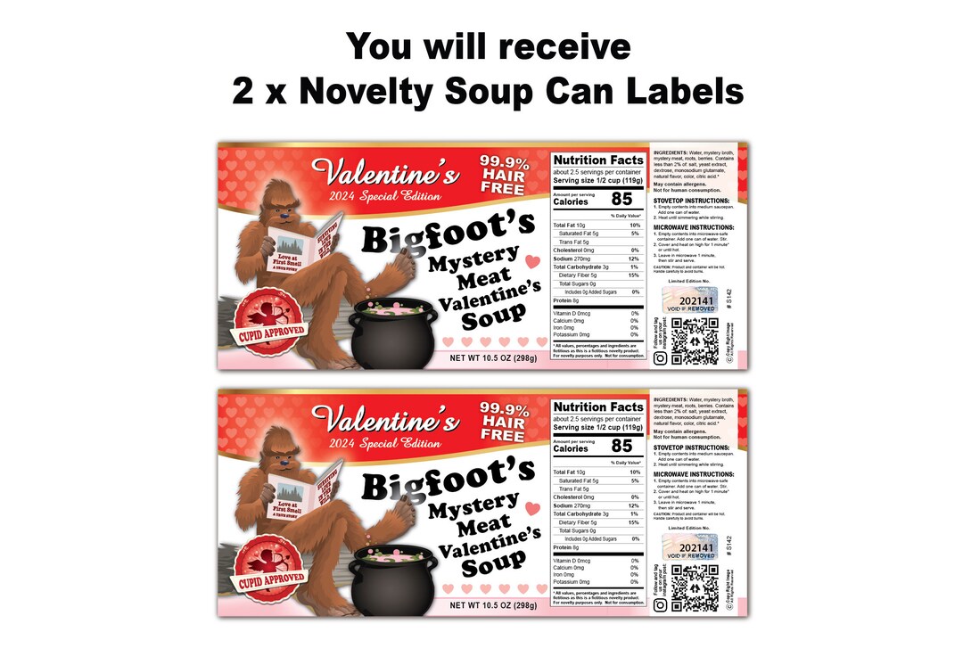 2 Valentine's Day BIGFOOT Soup Can Labels - Funny GREAT Gag Gift ...