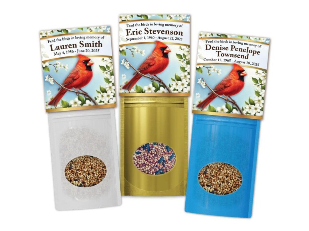 25 PERSONALIZED Memorial Cardinal Bird Seed Packets: Poem Funeral ...